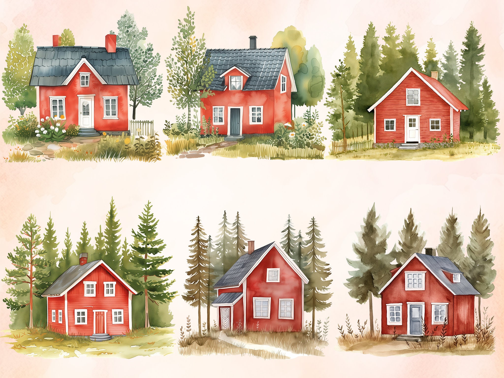 35 PNG Watercolor Scandinavian Cottages Clipart Bundle, Red ...