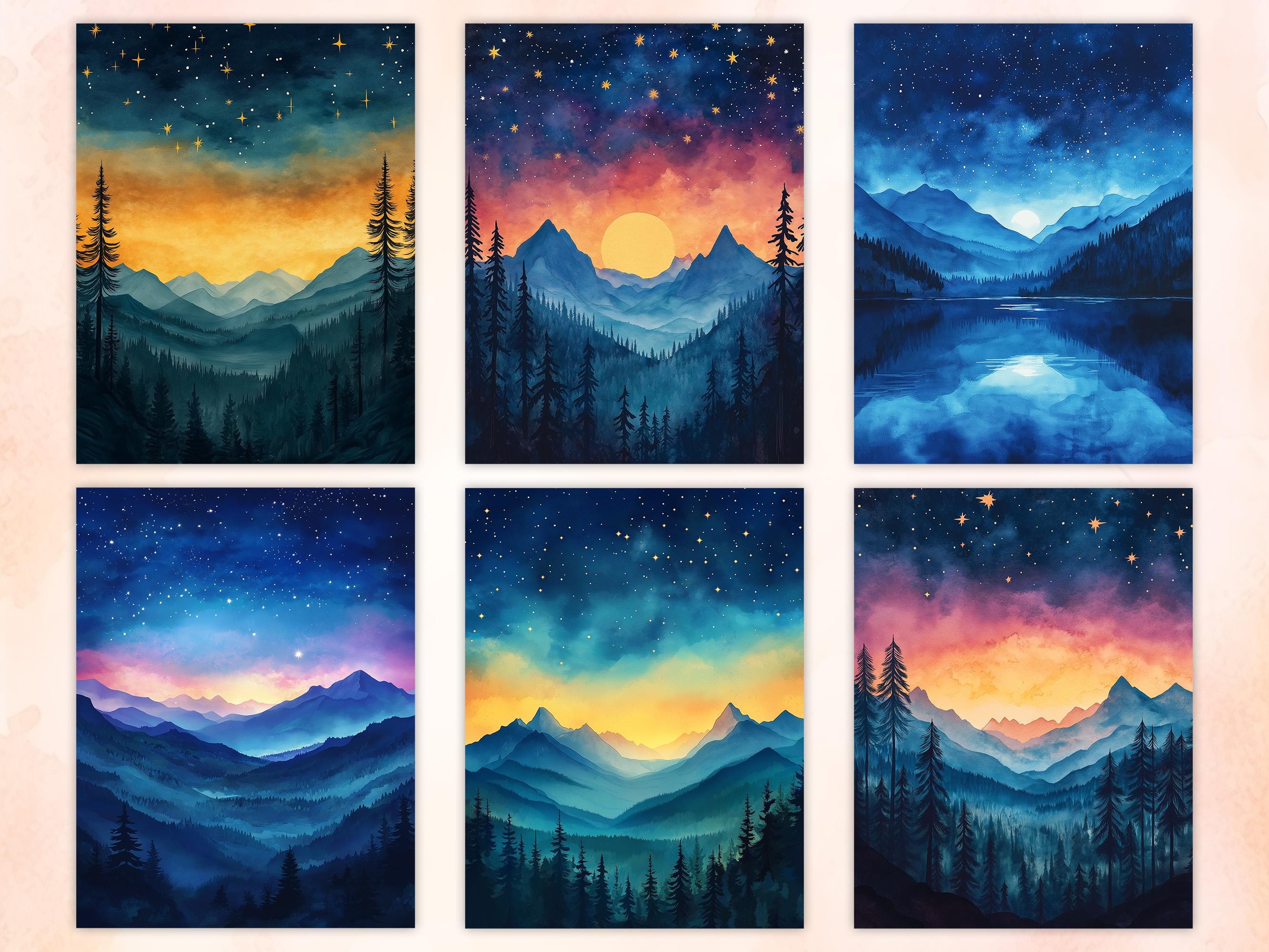 50 Starry Night Over Mountains Digital Papers, Lake, Sunset, Night Sky ...