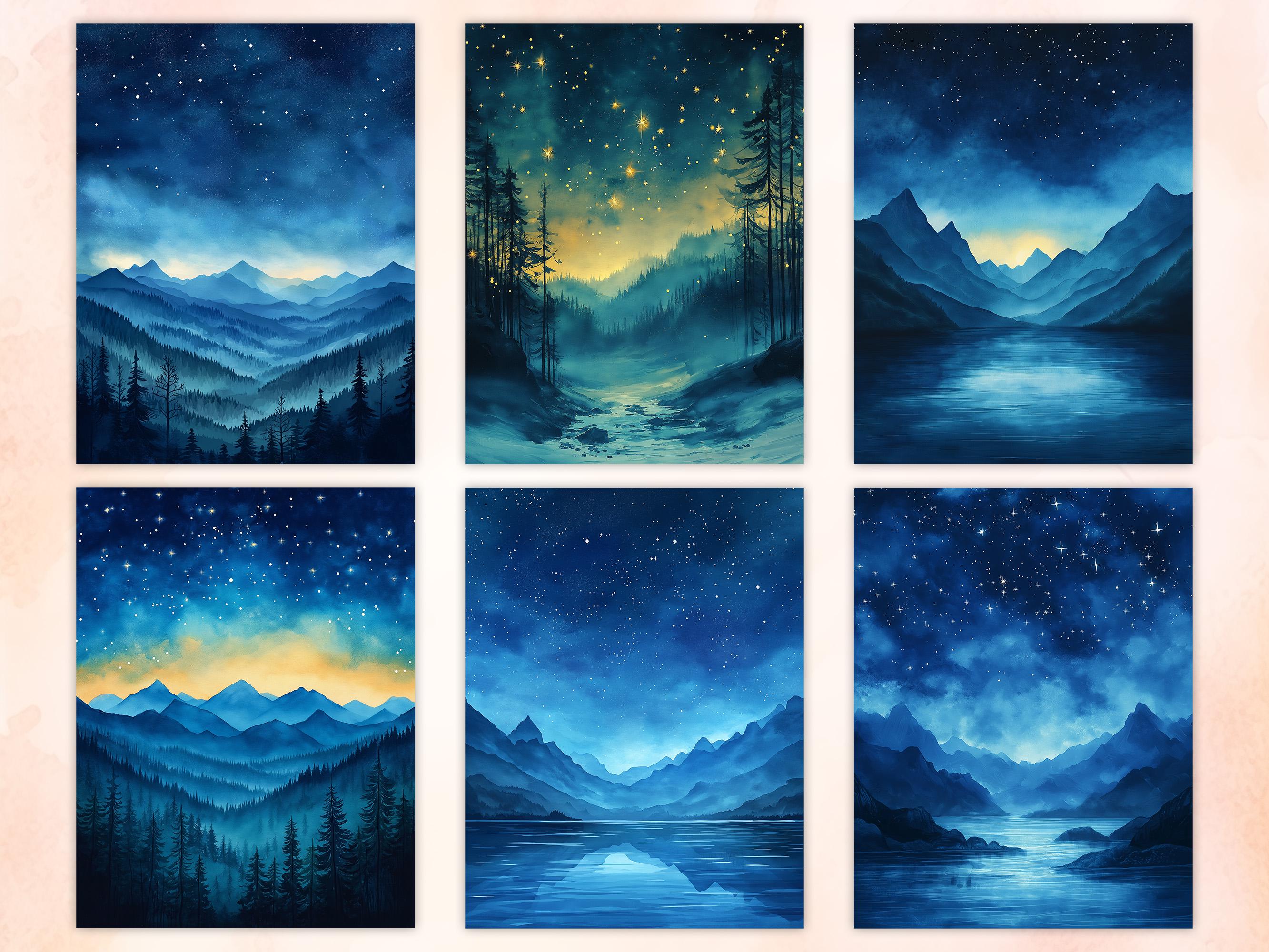 50 Starry Night Over Mountains Digital Papers, Lake, Sunset, Night Sky ...