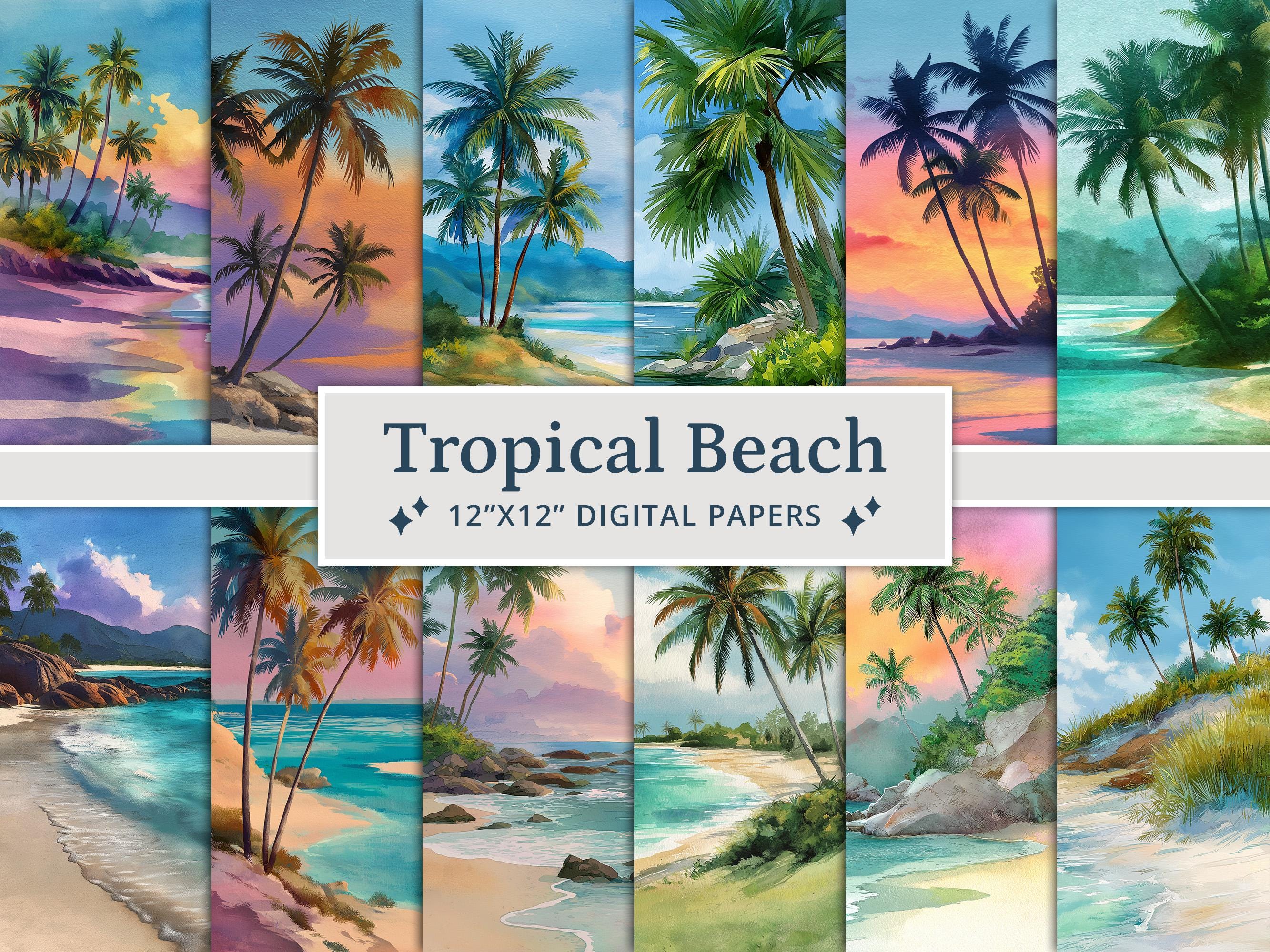 38 Watercolor Tropical Summer Beach Digital Papers, Summer Beaches ...