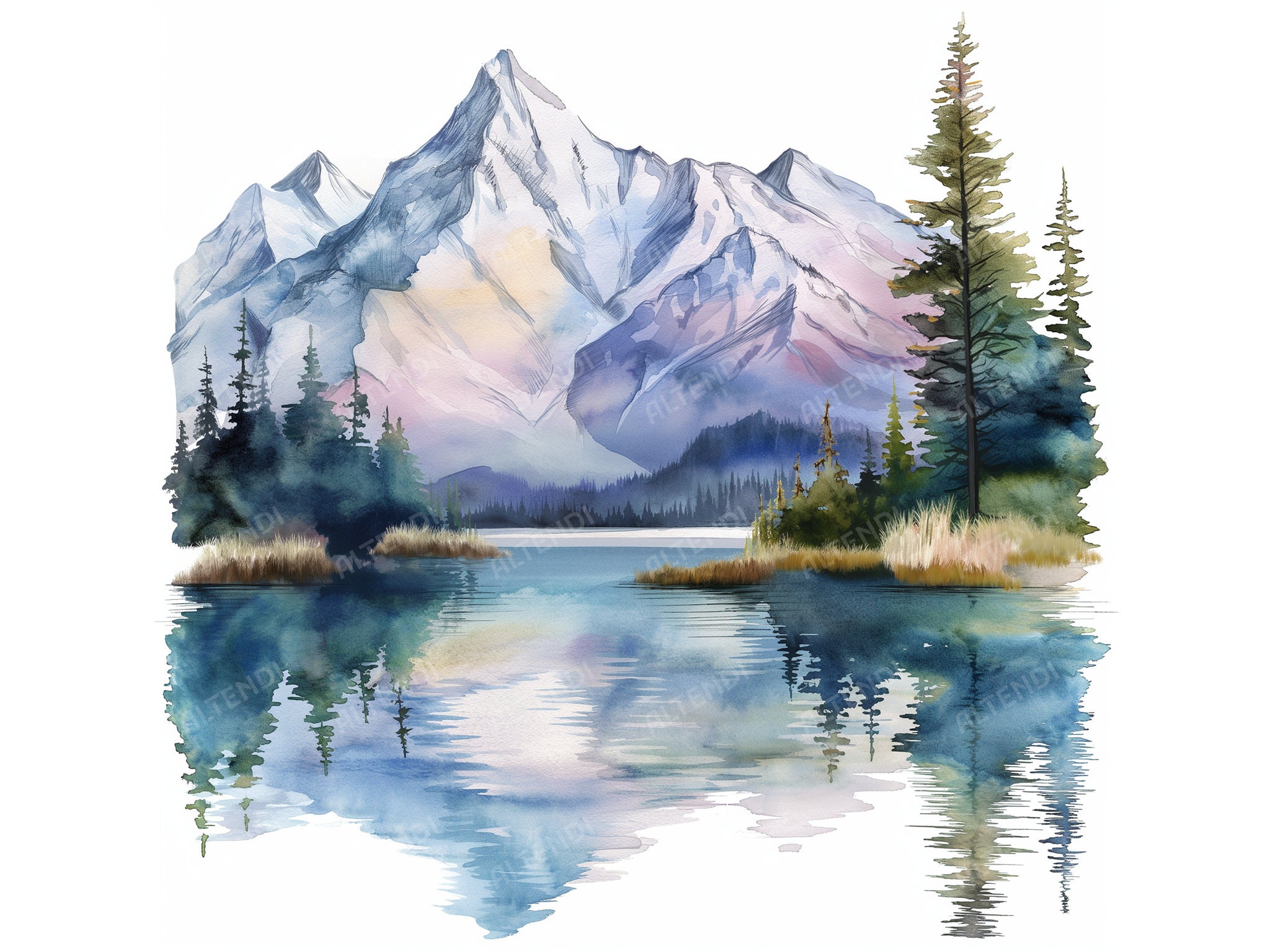 20 Watercolor Mountain and Lake Landscapes Clipart, High-quality Jpgs ...