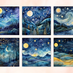 18 Watercolor Whimsical Starry Night Digital Papers, Night Sky Texture ...