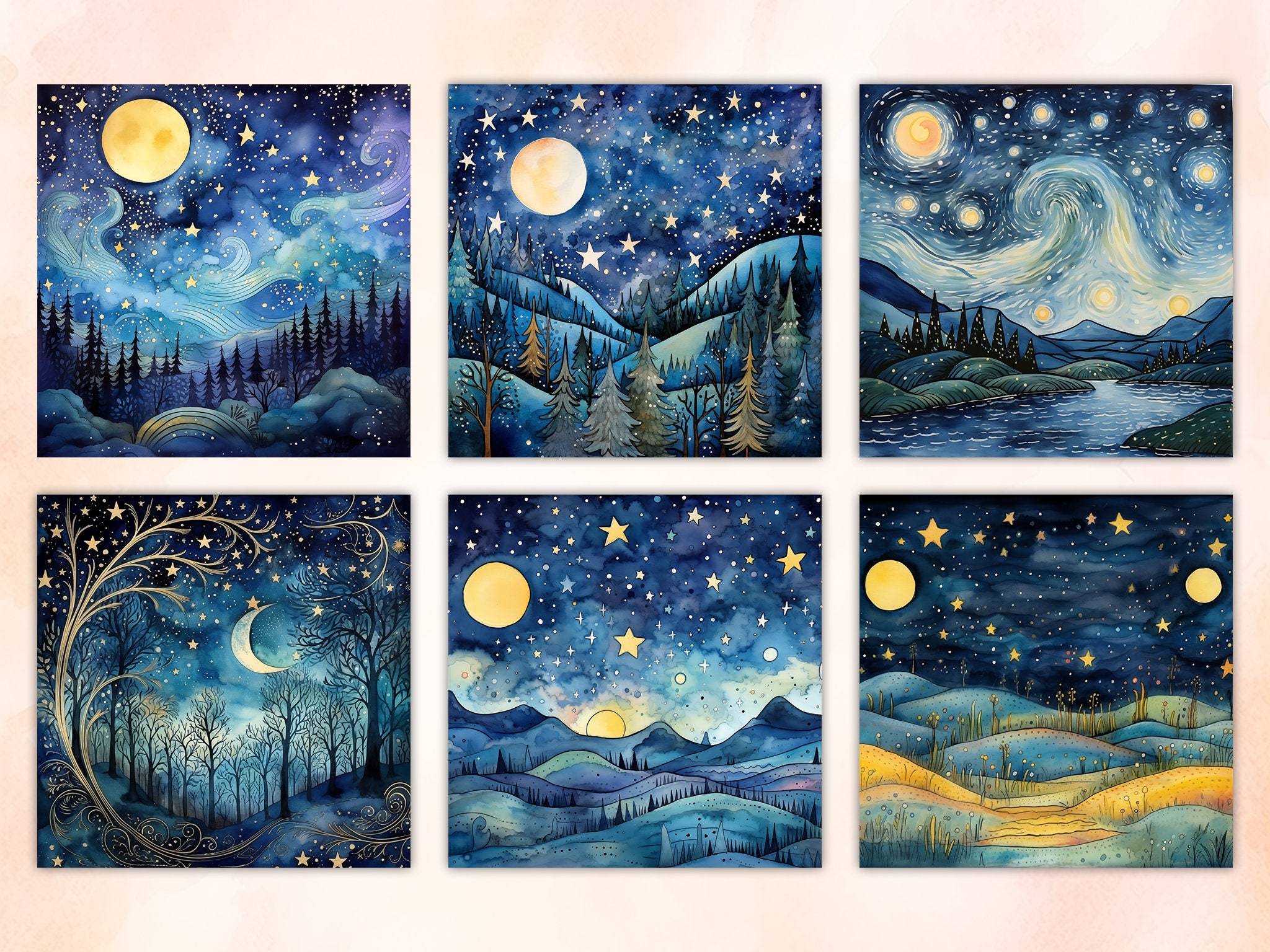 18 Watercolor Whimsical Starry Night Digital Papers, Night Sky Texture ...