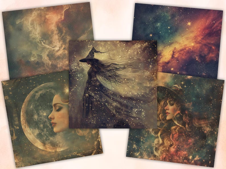 23 Vintage Celestial Witch Digital Papers, Printable Scrapbook Paper ...