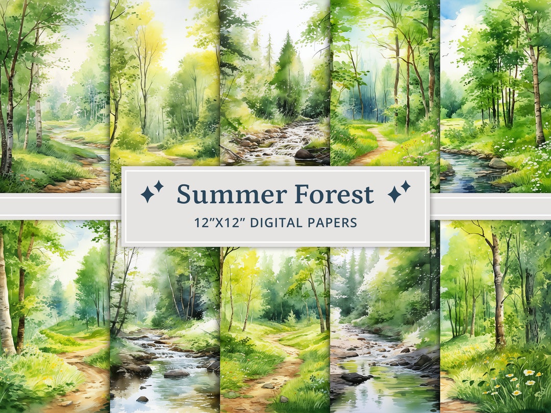 26 Watercolor Summer Forest Digital Papers, Green Forest, Printable ...