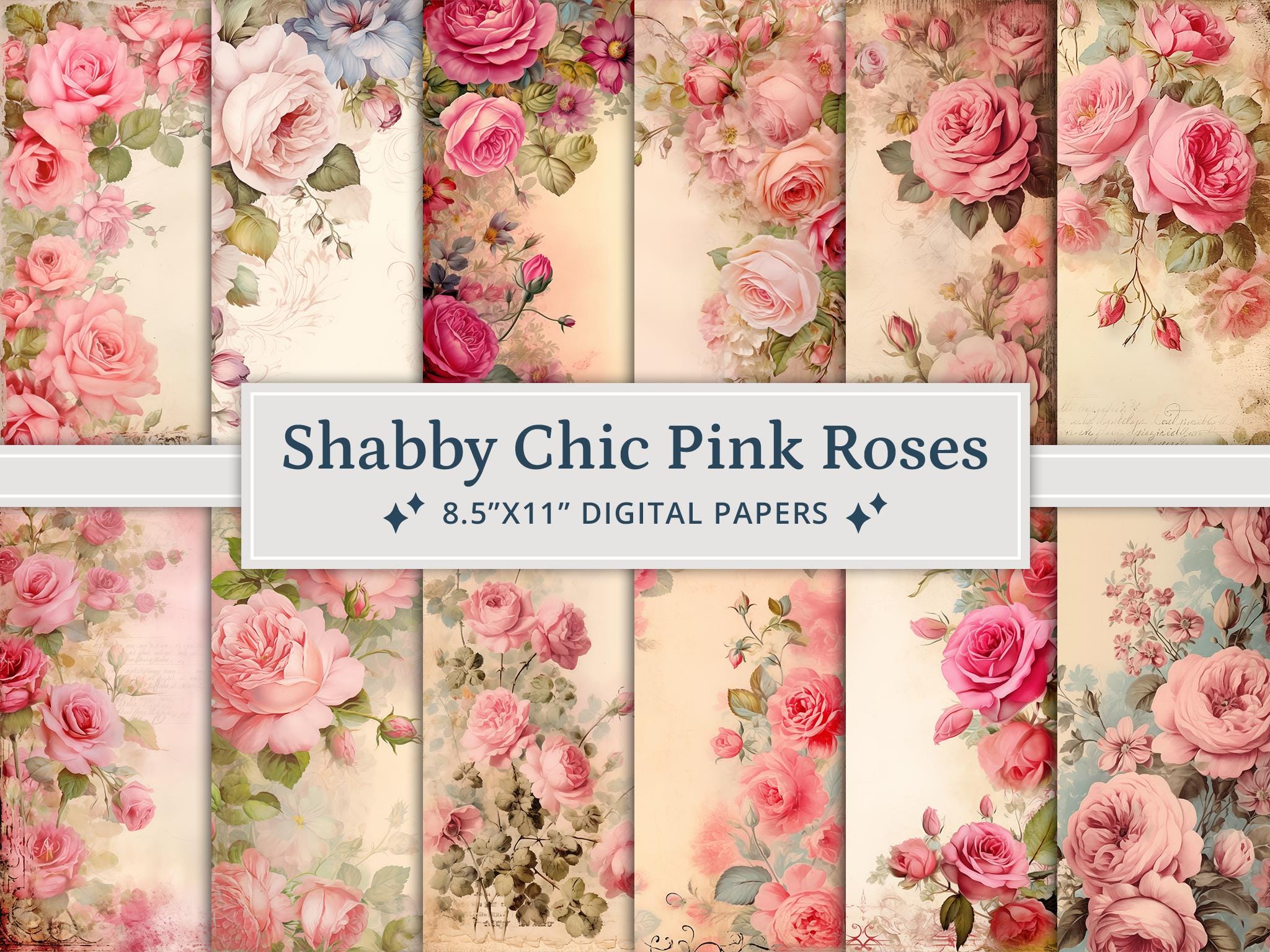 27 Shabby Chic Pink Roses Junk Journal Paper Pack, Vintage Shabby Chic ...