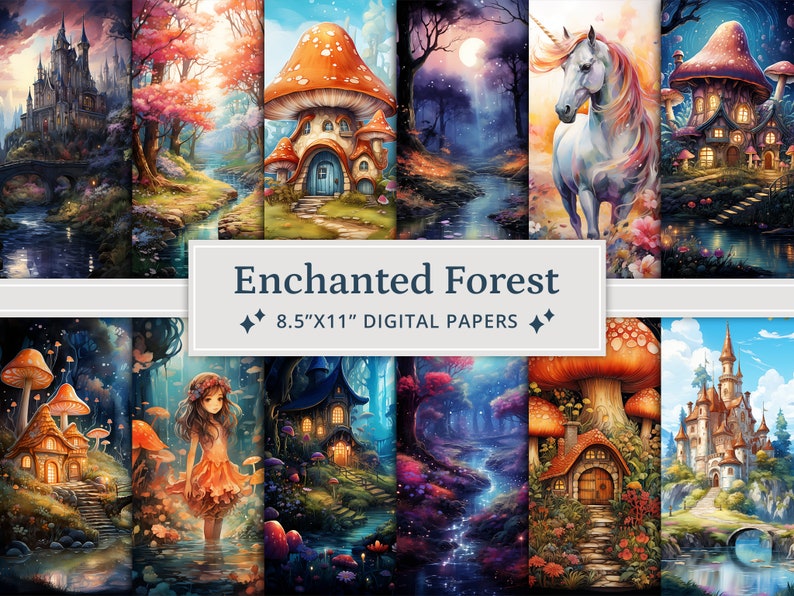 32 Fantasy Enchanted Forest Digital Papers, Magical Mystery Forest ...