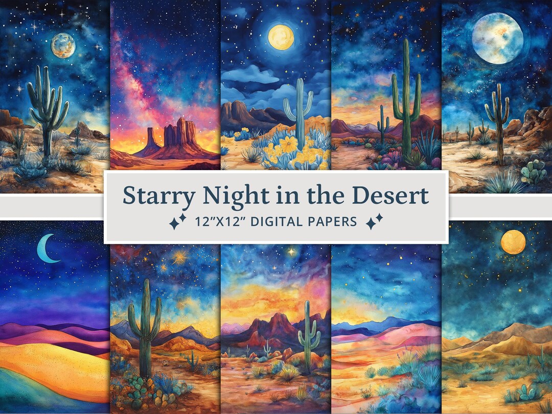 40 Watercolor Starry Night Over Desert Digital Papers, Night Sky ...