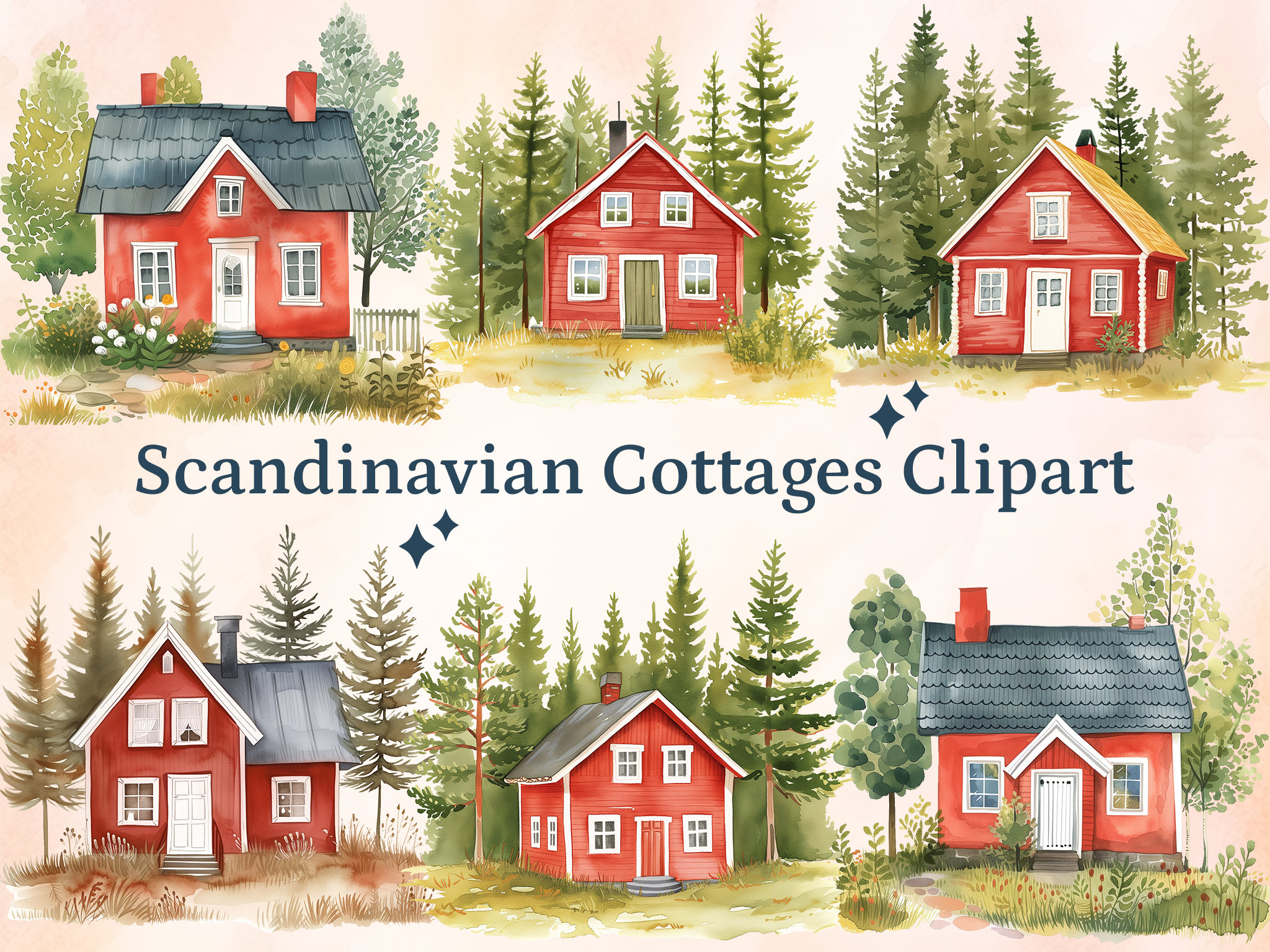 35 PNG Watercolor Scandinavian Cottages Clipart Bundle, Red ...