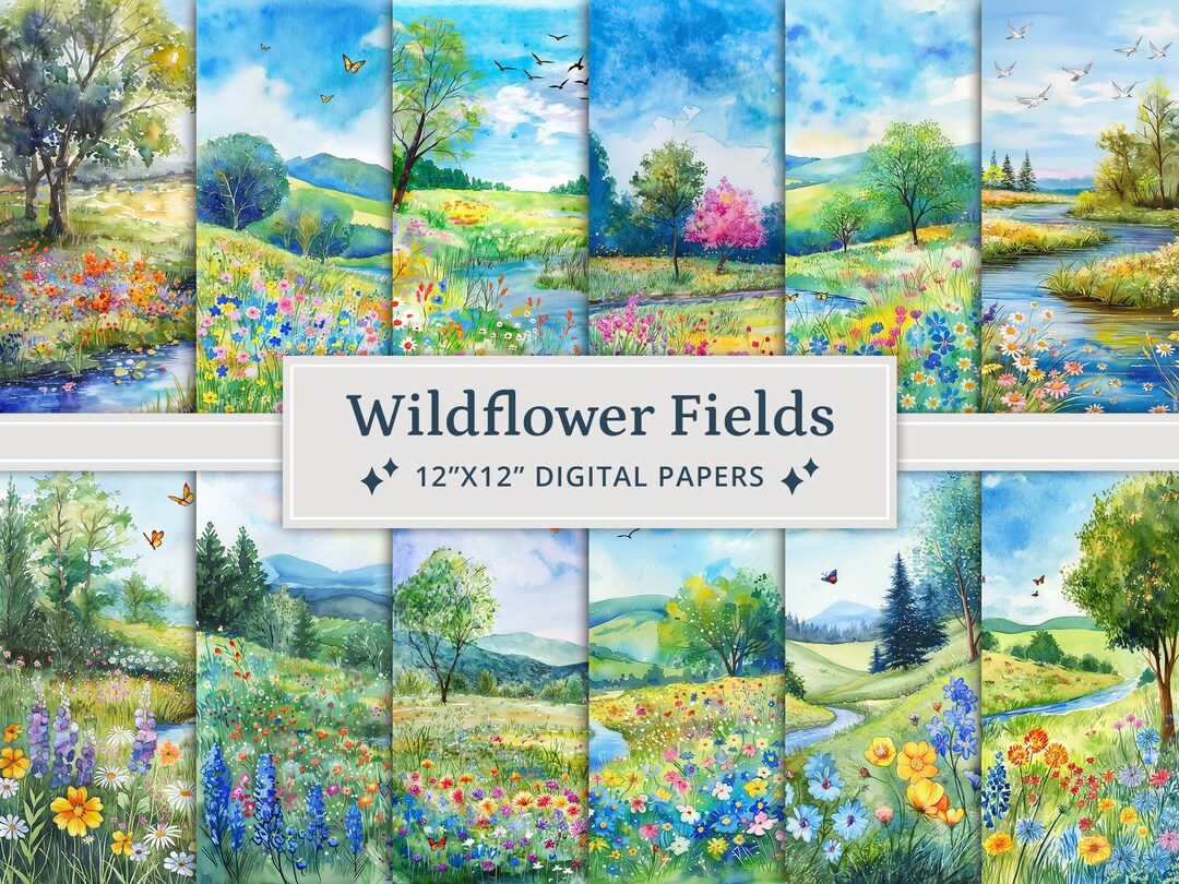 26 Watercolor Wildflower Fields Digital Papers, Wildflower Digital ...