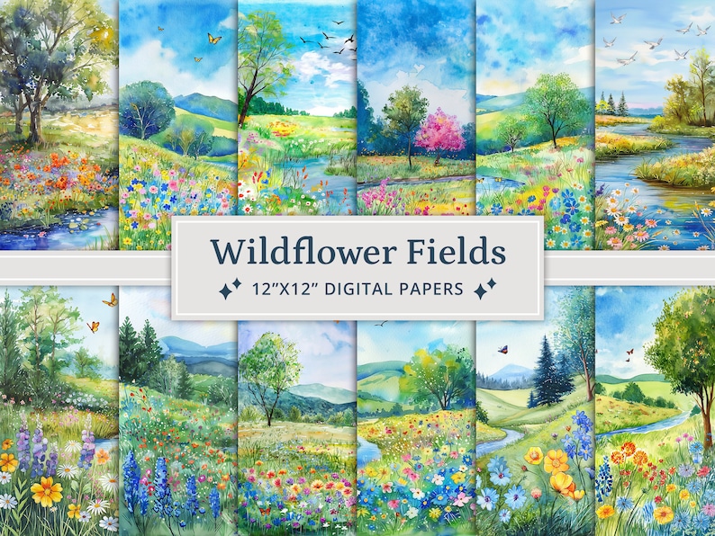 26 Watercolor Wildflower Fields Digital Papers, Wildflower Digital ...
