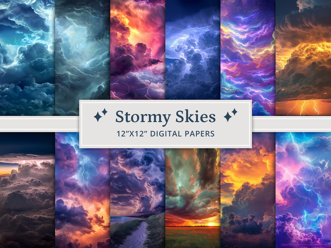 18 Stormy Skies Digital Papers, Thunderstorm Clouds Backgrounds, Cloudy ...