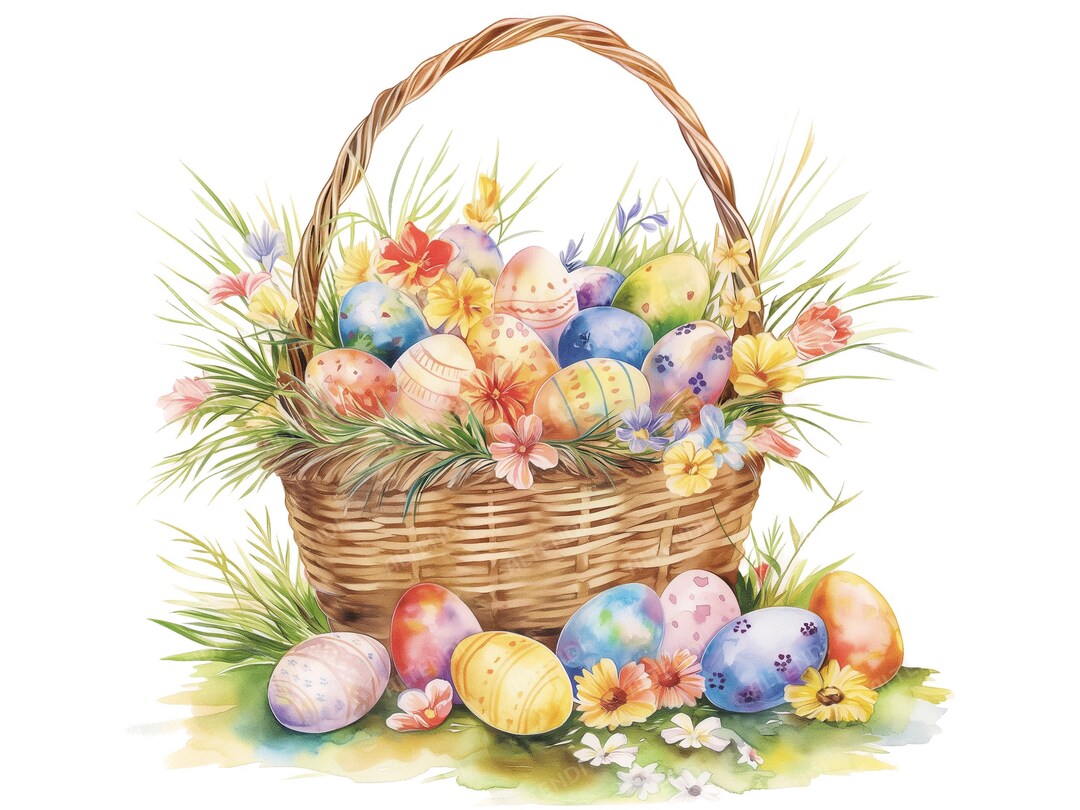 16 Watercolor Easter Baskets Clipart, Easter Eggs Clipart, Hand-painted ...