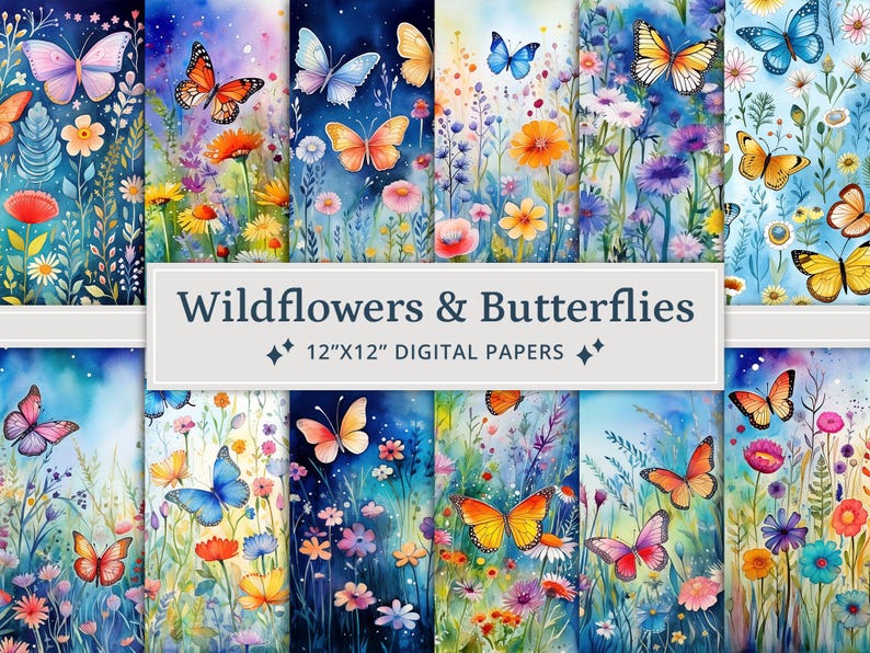 40 Watercolor Wildflowers and Butterflies Digital Papers, Floral ...