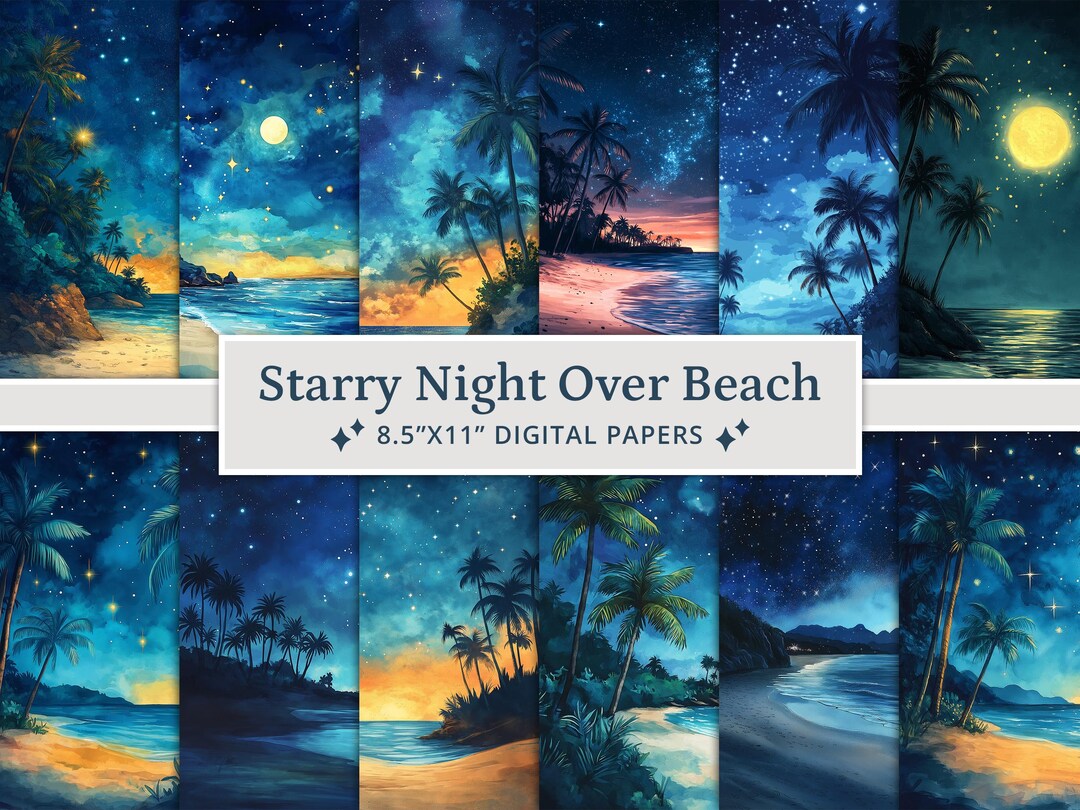 40 Starry Night Over Beach Digital Papers, Ocean, Sea, Night Sky ...