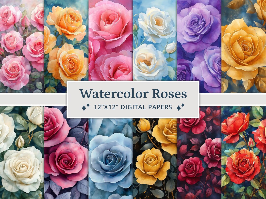 33 Watercolor Roses Digital Papers, Rose Digital Paper, Floral Collage ...