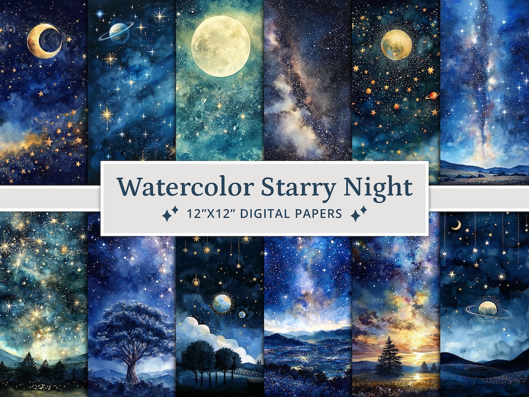 45 Watercolor Starry Night Digital Papers, Night Sky Texture Background ...