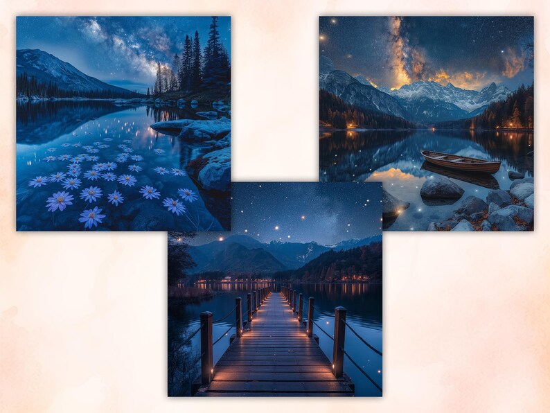 34 Starry Night Over Lake Digital Papers, Night Sky Texture Background ...