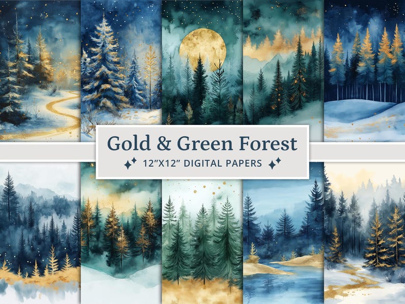 28 Watercolor Gold and Green Forest Digital Papers, Magical Mystery ...