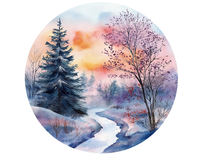 Circular Winter Scenes Landscape PNG, Winter Woodland Clipart, Snowy ...