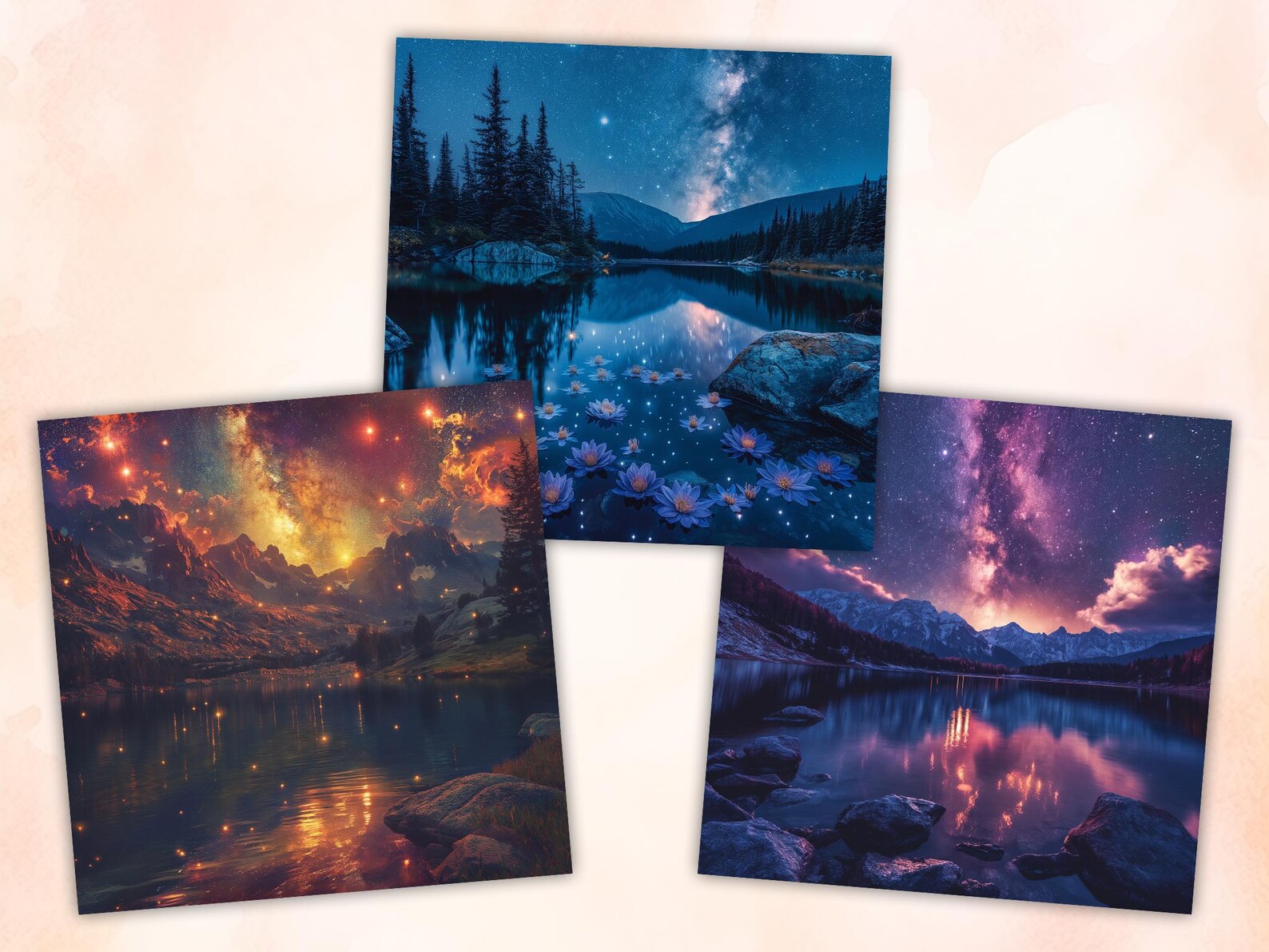 34 Starry Night Over Lake Digital Papers, Night Sky Texture Background ...