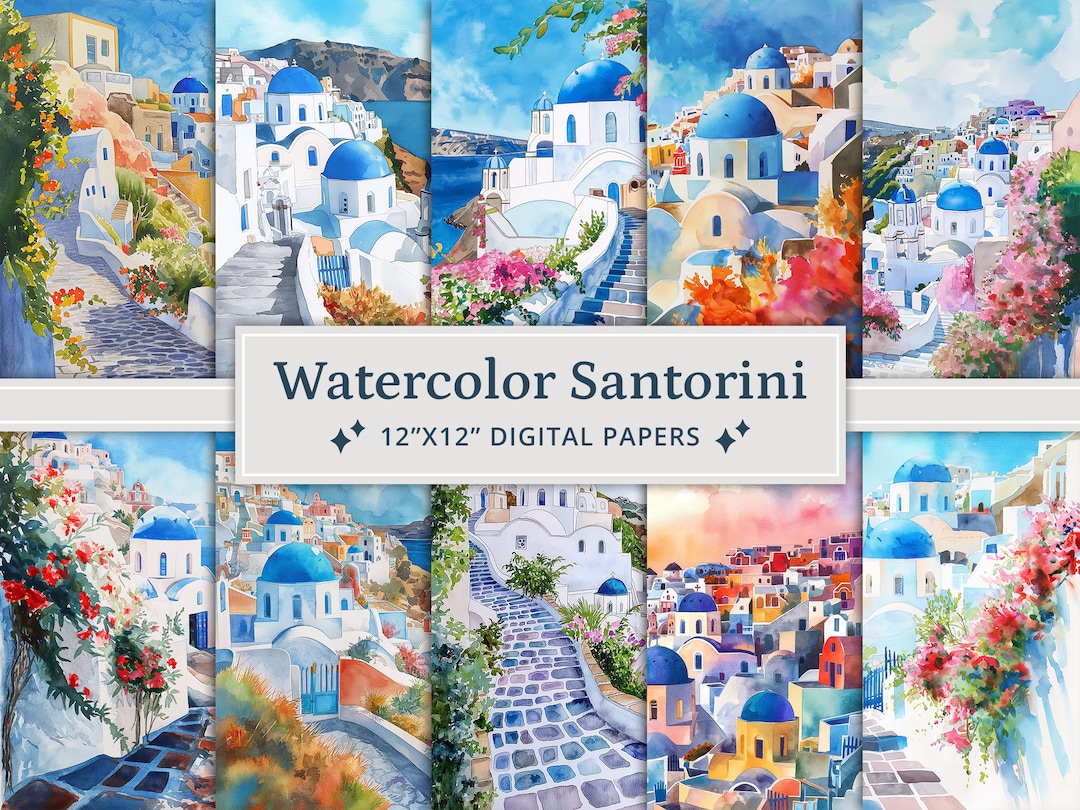 21 Watercolor Santorini Digital Papers, Santorini Greece, Printable ...