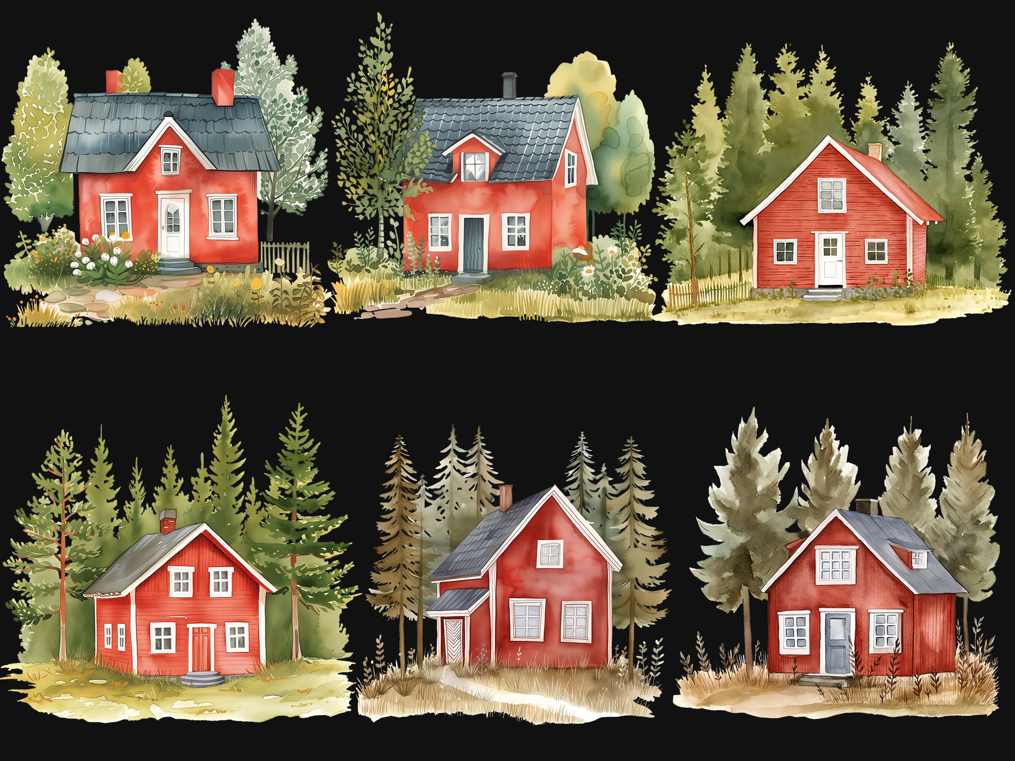 35 PNG Watercolor Scandinavian Cottages Clipart Bundle, Red ...