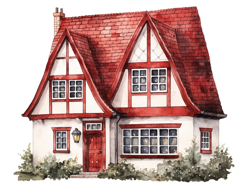 20 Watercolor Whimsical Scandinavian Cottages Clipart, Red Scandinavian ...
