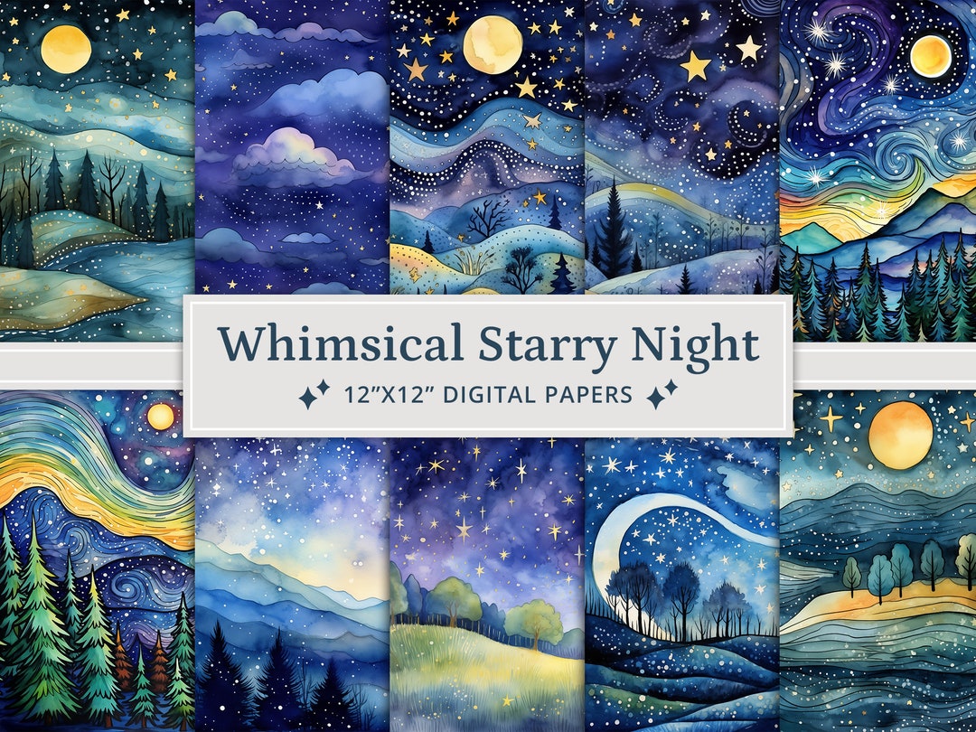 17 Watercolor Whimsical Starry Night Digital Papers, Night Sky Texture ...