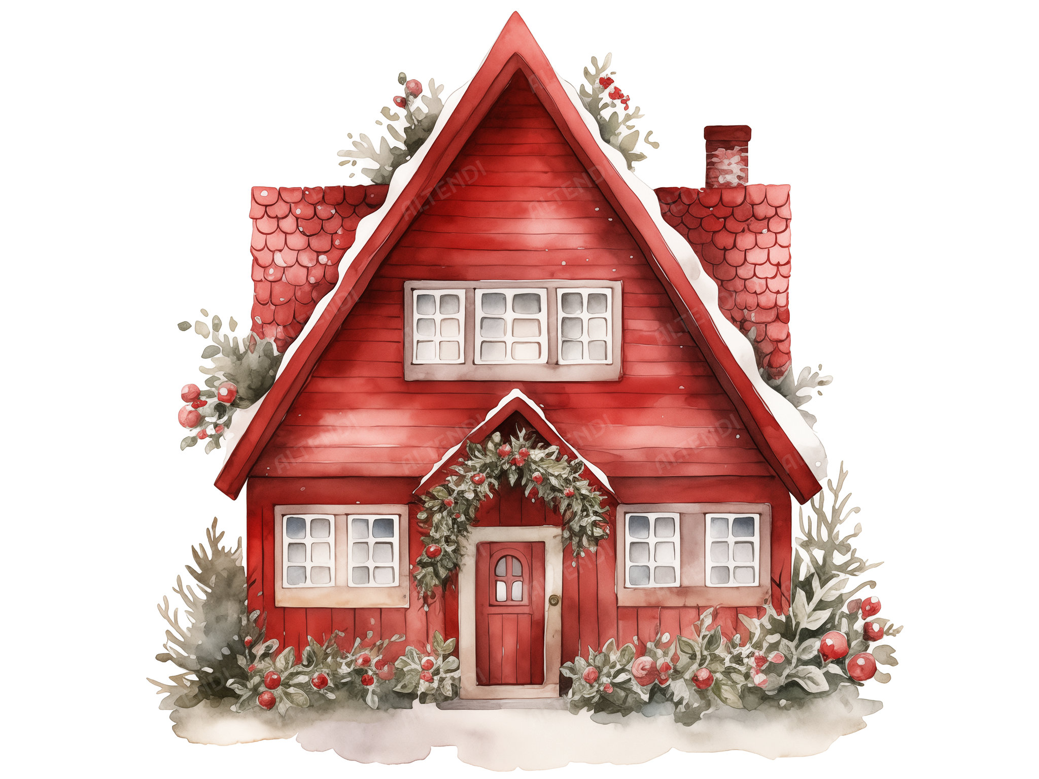25 Watercolor Winter Scandinavian Cottages Clipart, Red Scandinavian ...