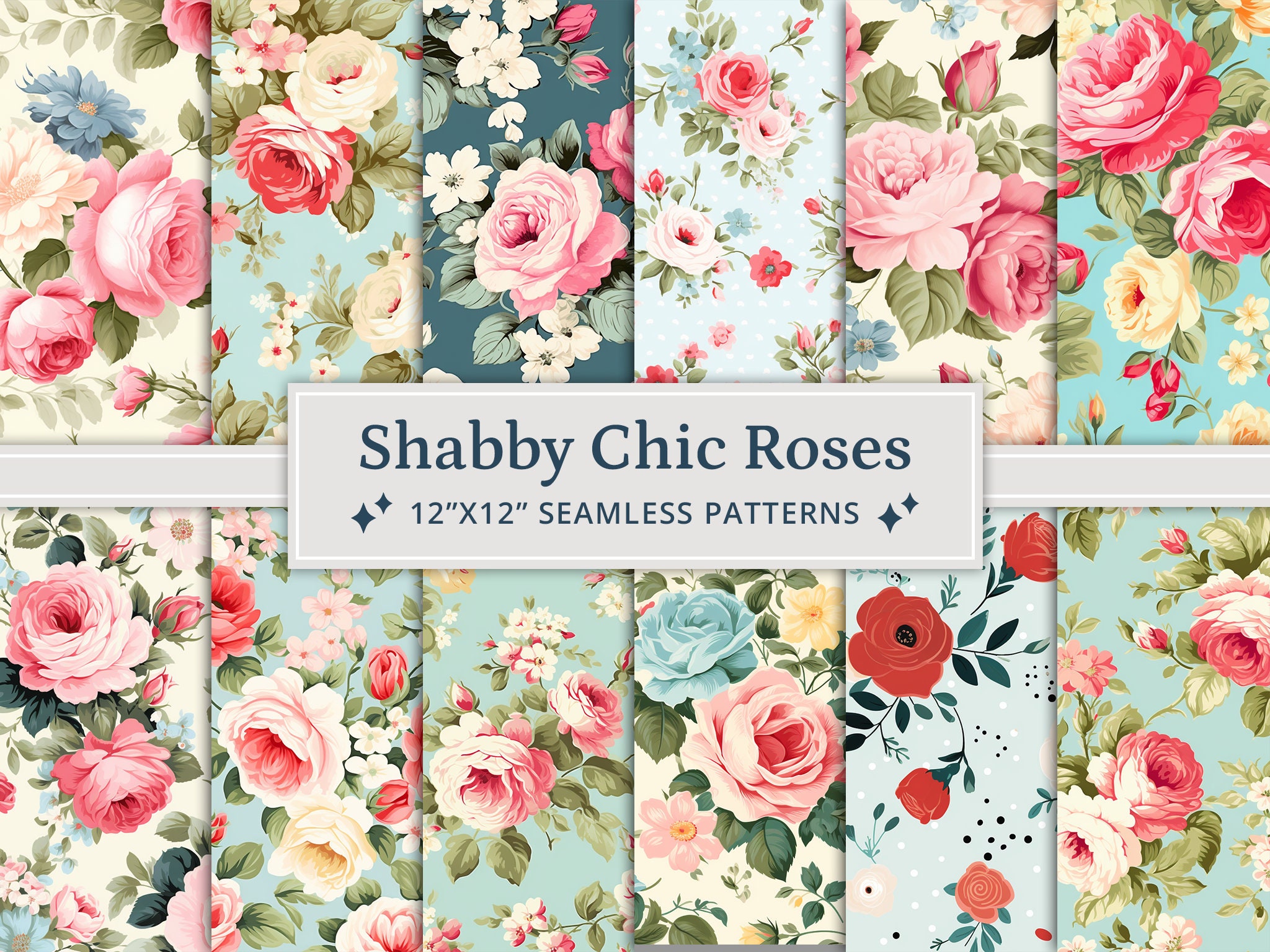 37 Shabby Chic Roses Seamless Digital Papers, Vintage Flowers Digital ...