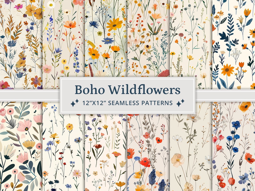 30 Boho Wildflowers Seamless Digital Papers, Wildflower Seamless ...