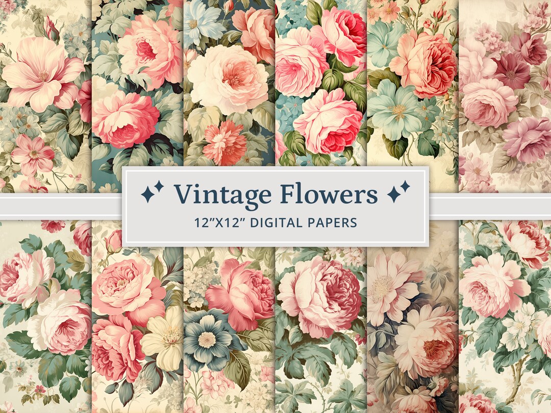 35 Vintage Flowers Digital Paper, Shabby Chic Floral Digital Paper ...