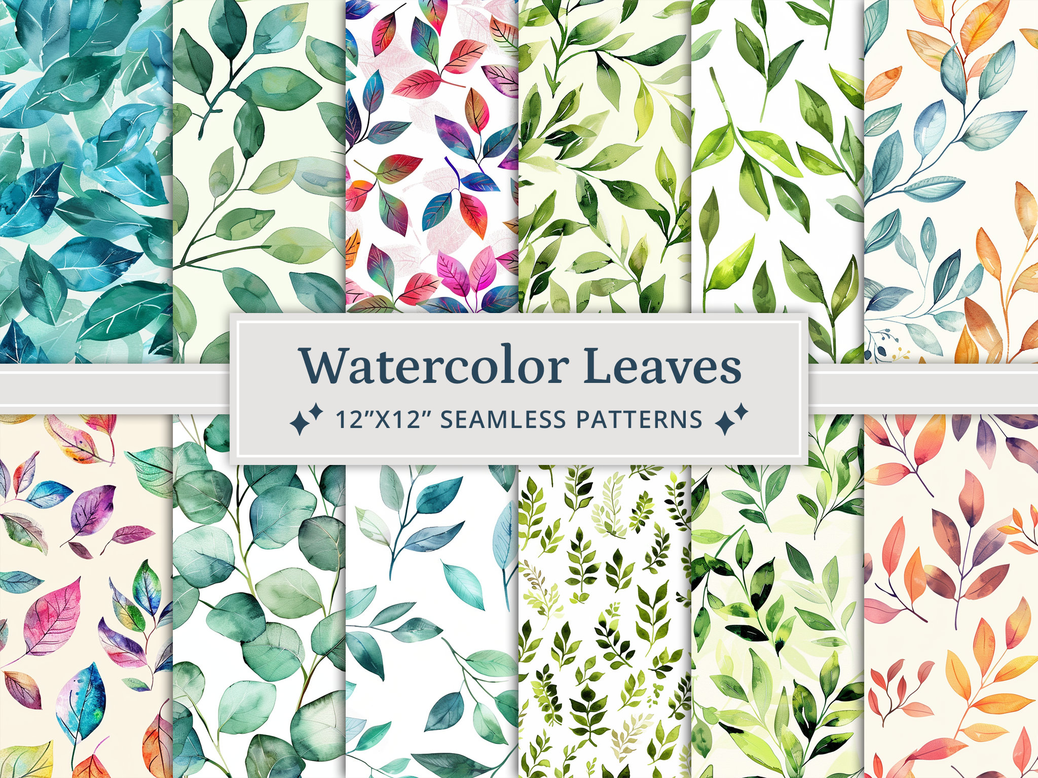 40 Seamless Watercolor Gentle Leaves Digital Papers, Eucalyptus ...