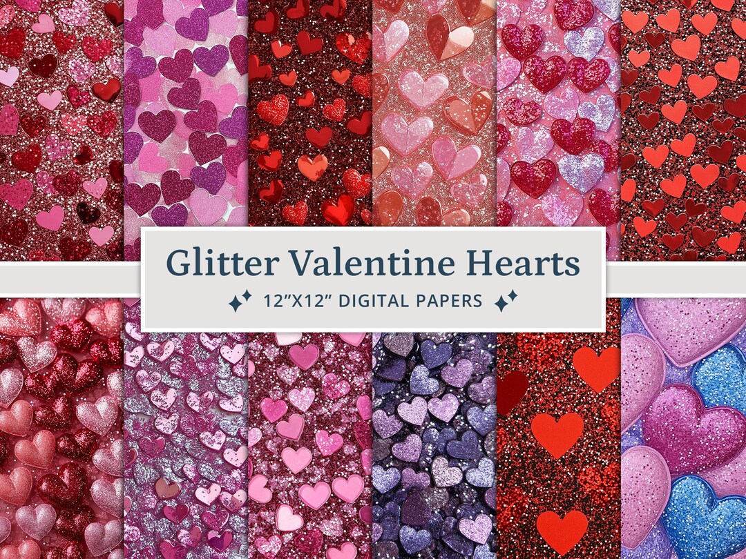 20 Glitter Valentine Hearts Digital Papers, Love Hearts, Valentine's ...