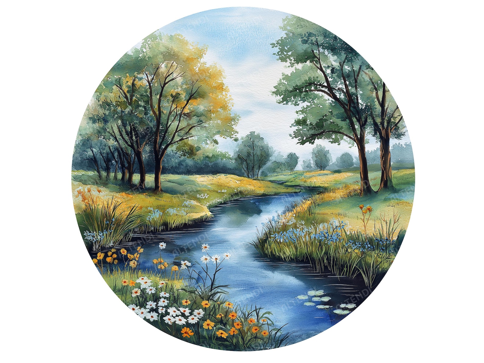 23 PNG Round Watercolor Spring Landscape Clipart, Spring Scene PNG ...
