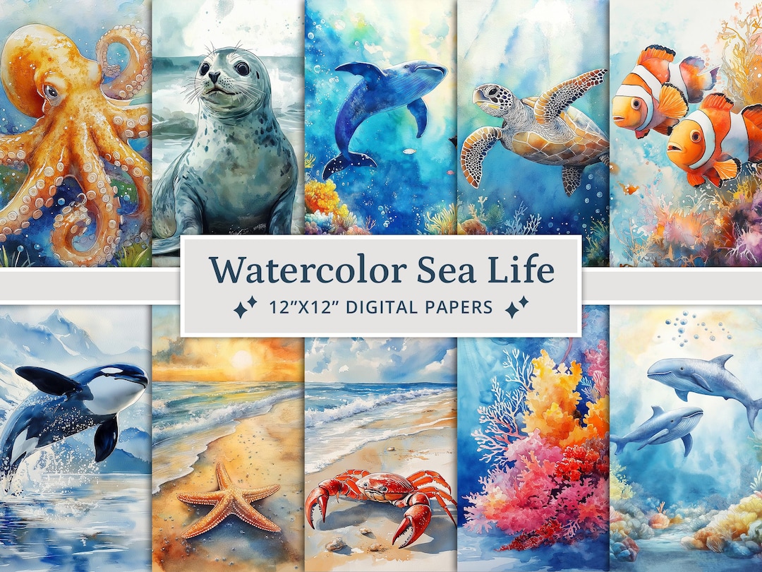 45 Watercolor Sea Life Digital Papers, Sea Scenery, Ocean Landscape ...