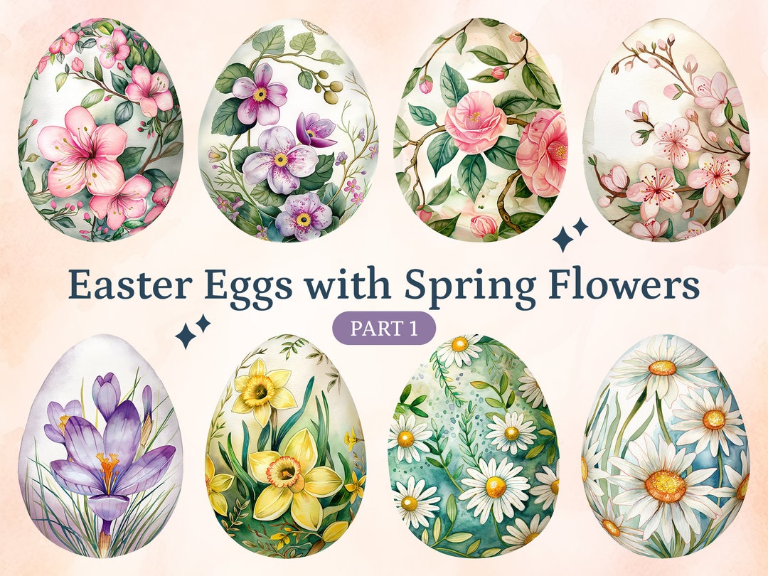 36 PNG Watercolor Easter Eggs With Spring Flowers, Easter Eggs Clipart ...