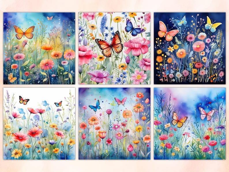 40 Watercolor Wildflowers and Butterflies Digital Papers, Floral ...