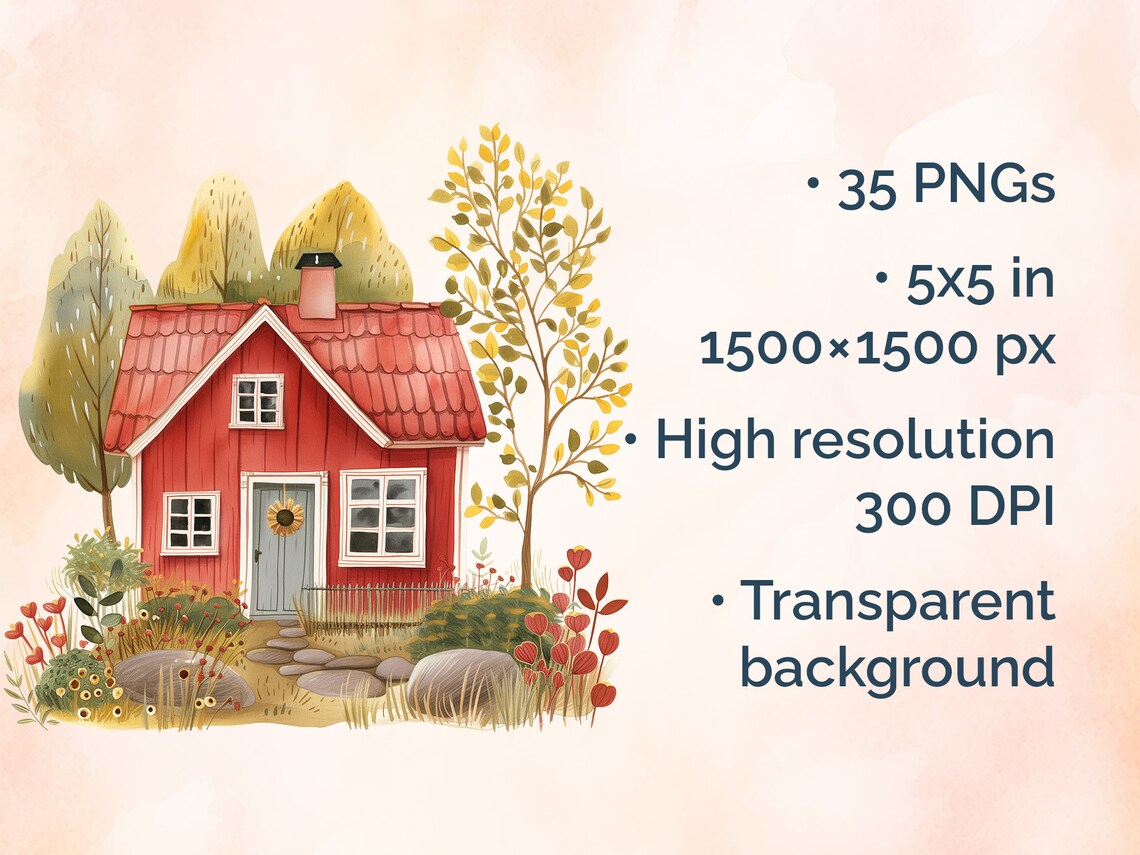35 PNG Watercolor Scandinavian Cottages Clipart Bundle, Red ...