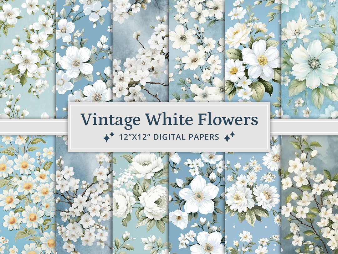 32 Vintage White Flowers Digital Paper, Shabby Chic Floral Digital ...