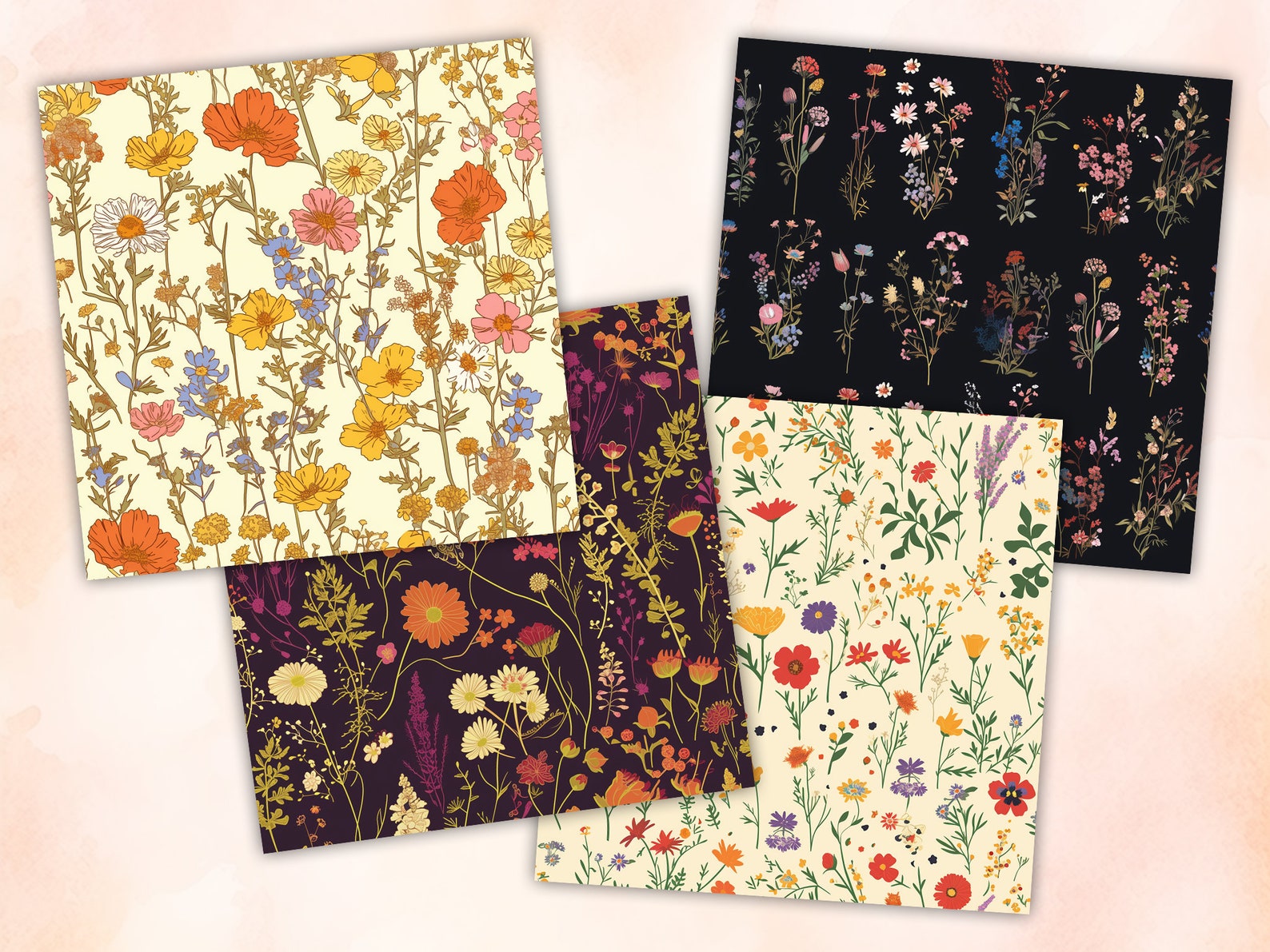 24 Vintage Wildflowers Seamless Digital Papers, Wildflower Seamless ...