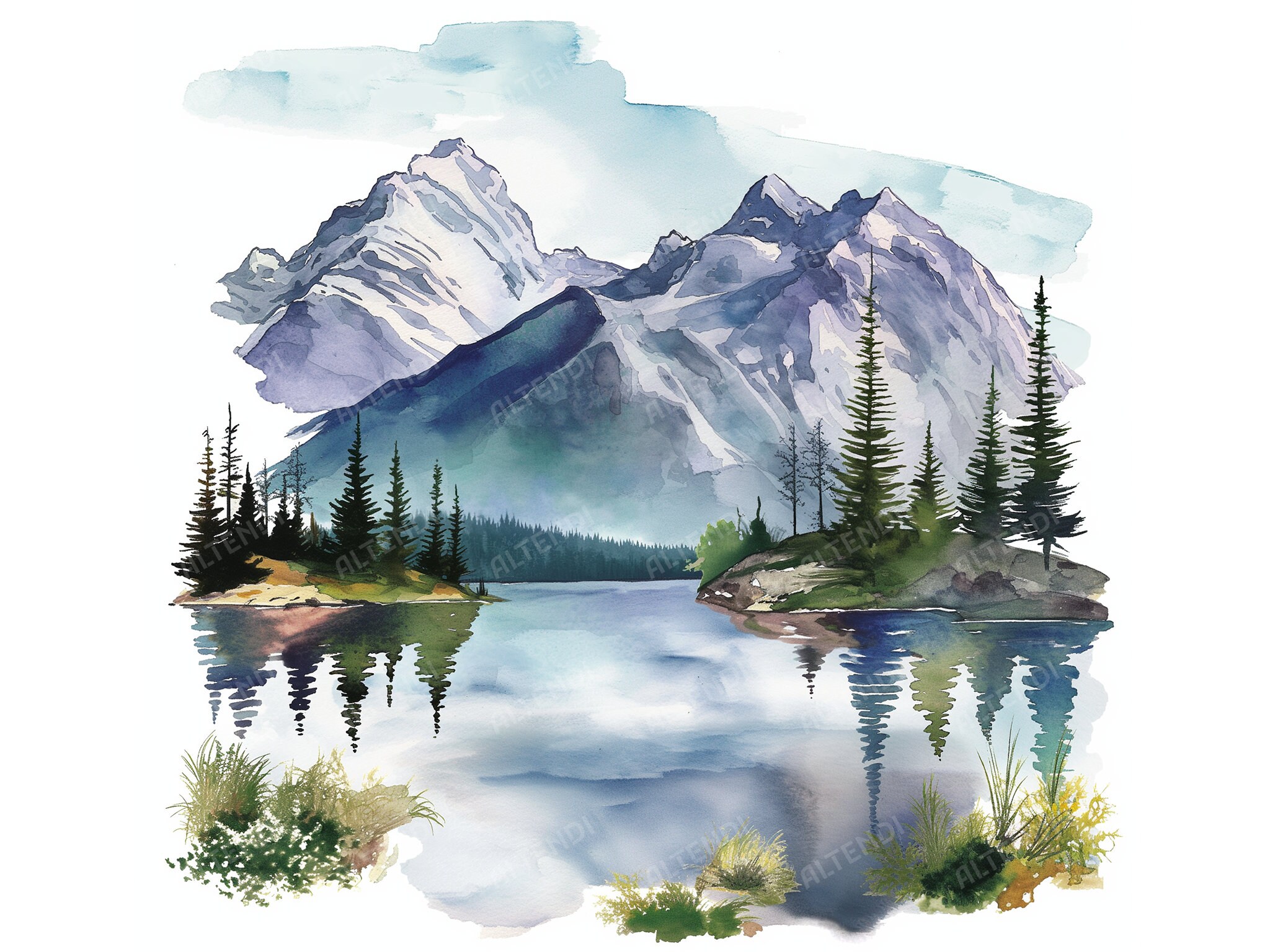 20 Watercolor Mountain and Lake Landscapes Clipart, High-quality Jpgs ...
