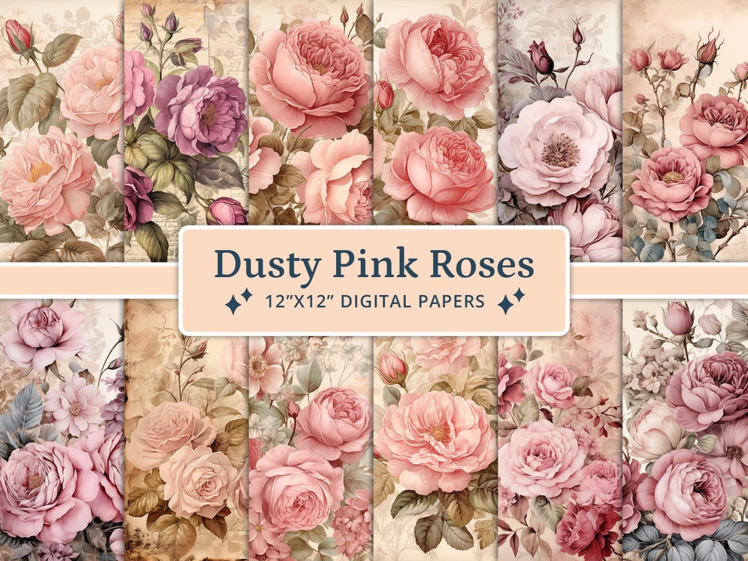 25 Vintage Dusty Pink Roses Digital Papers, Shabby Chic Pink Roses Junk ...