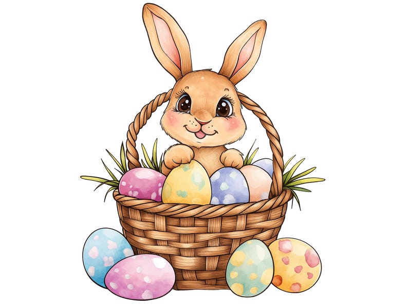 16 Watercolor Easter Baskets With Bunny Clipart, Easter Bunny Clipart ...