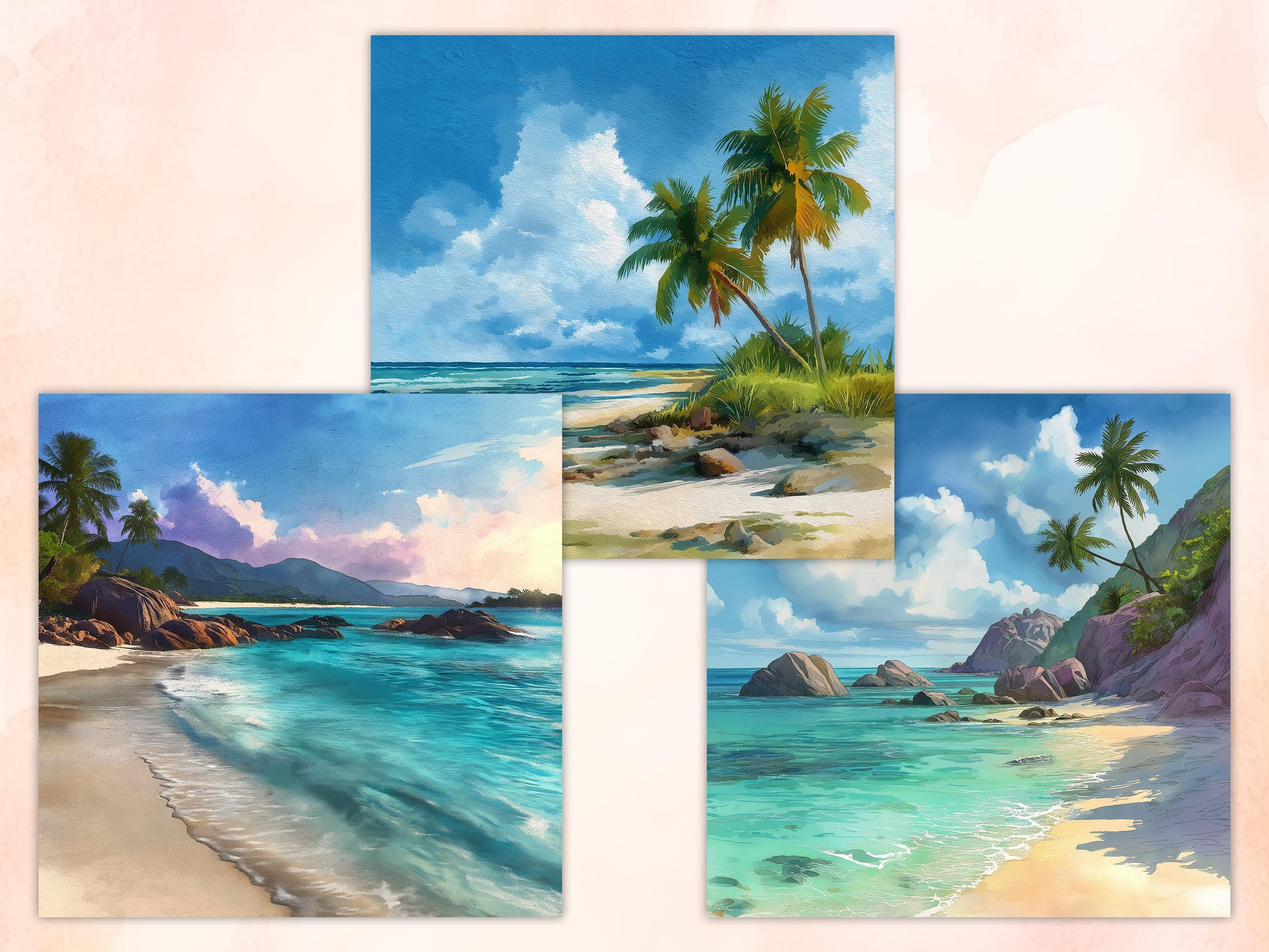 38 Watercolor Tropical Summer Beach Digital Papers, Summer Beaches ...