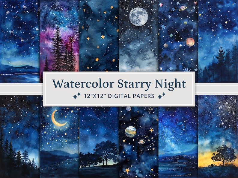 35 Watercolor Starry Night Digital Papers, Night Sky Texture Background ...