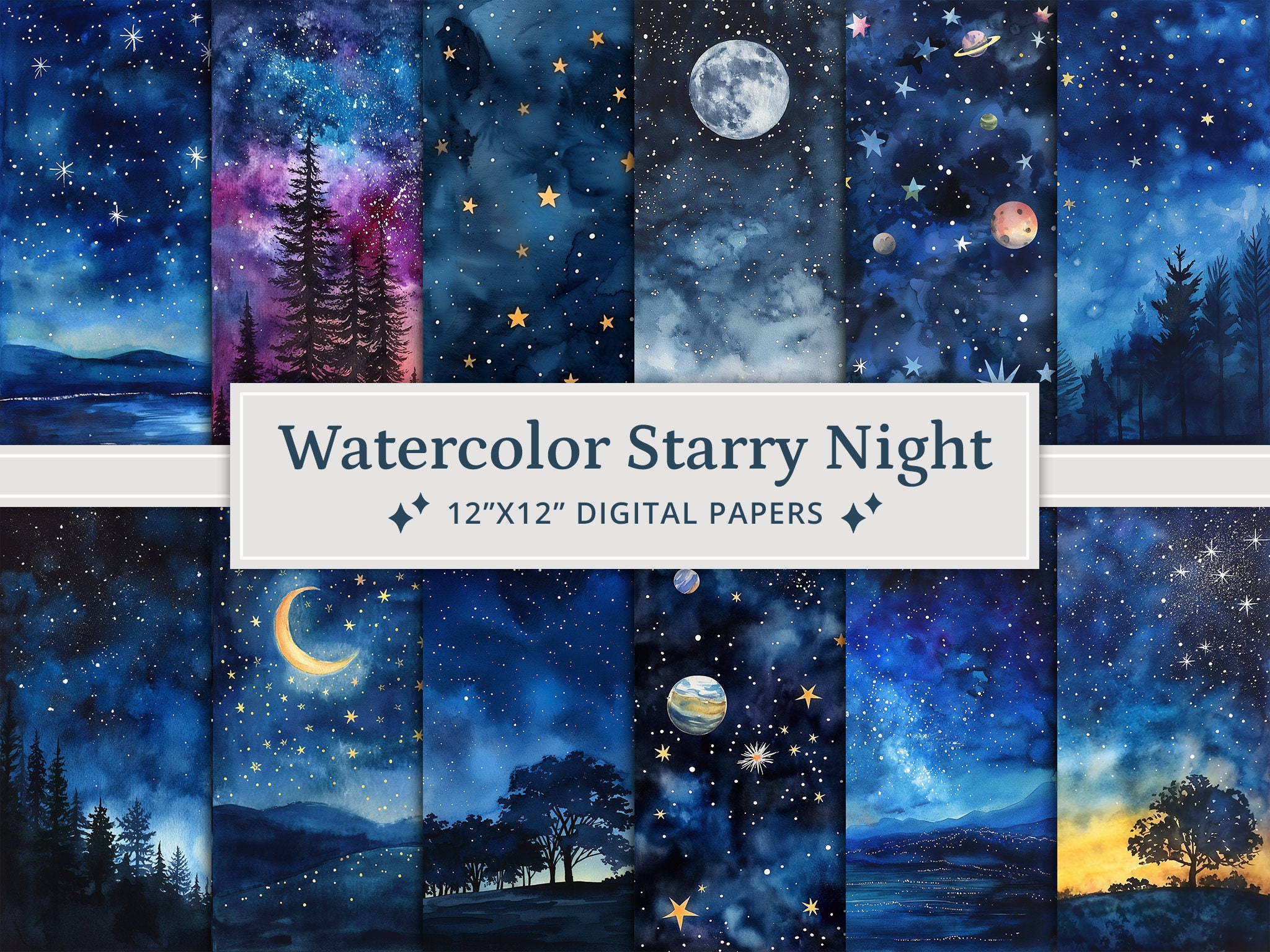 35 Watercolor Starry Night Digital Papers, Night Sky Texture Background ...