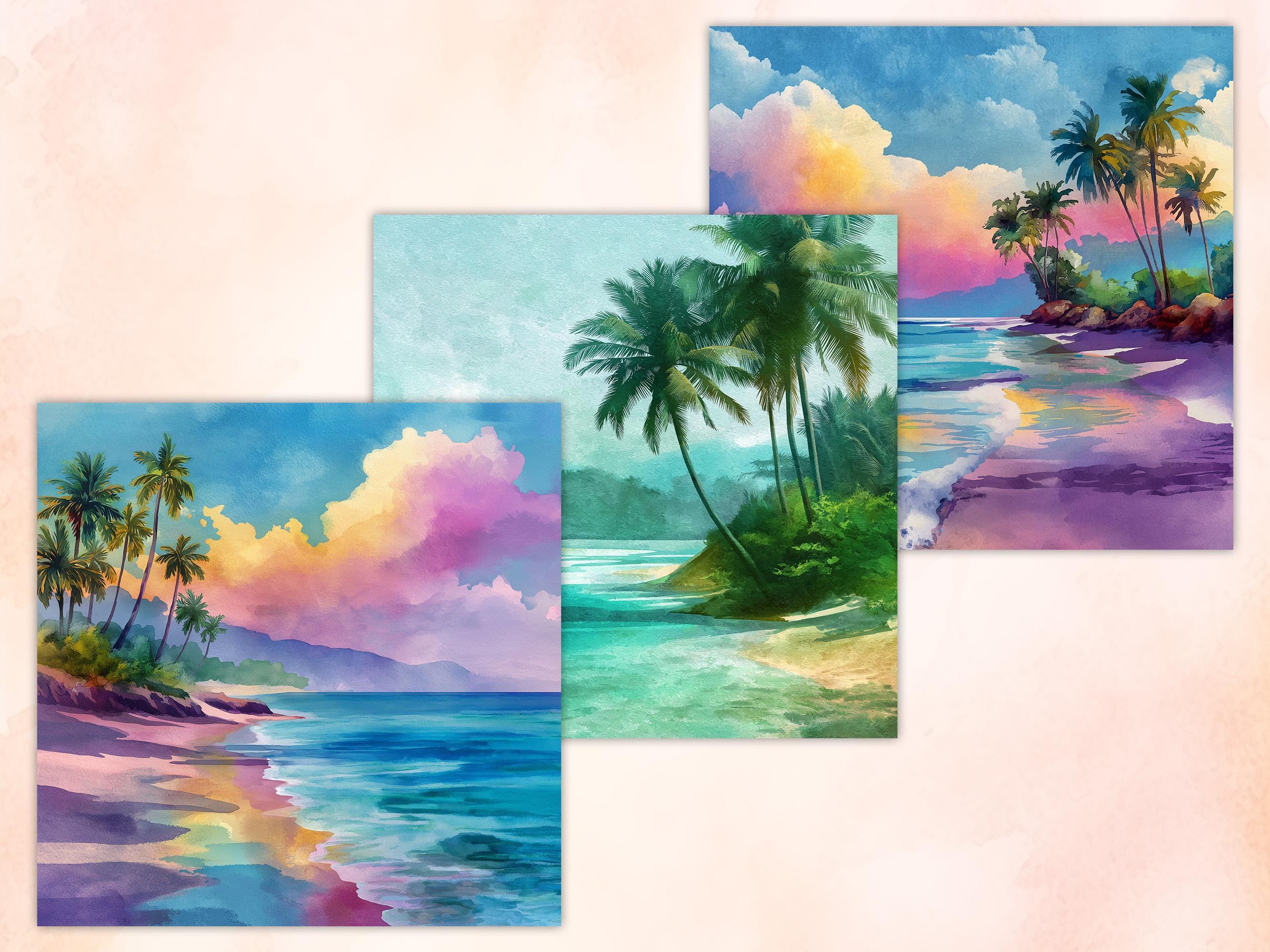 38 Watercolor Tropical Summer Beach Digital Papers, Summer Beaches ...
