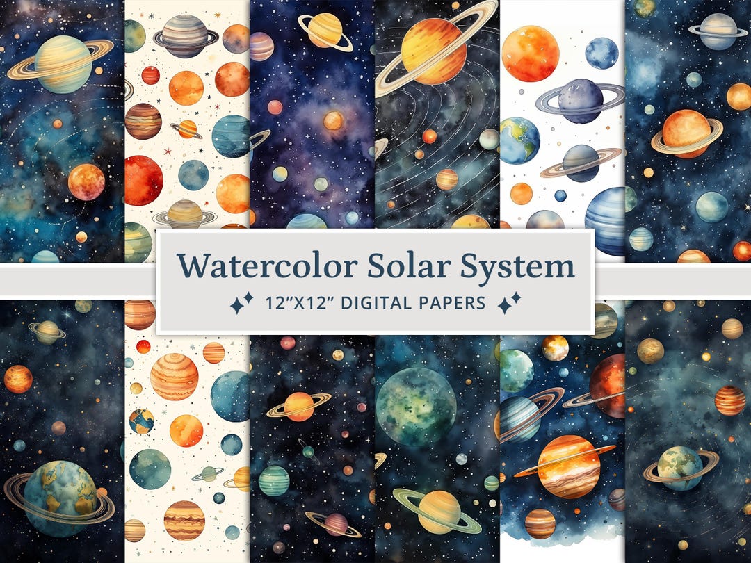 19 Watercolor Solar System Digital Papers, Printable Scrapbook Paper ...